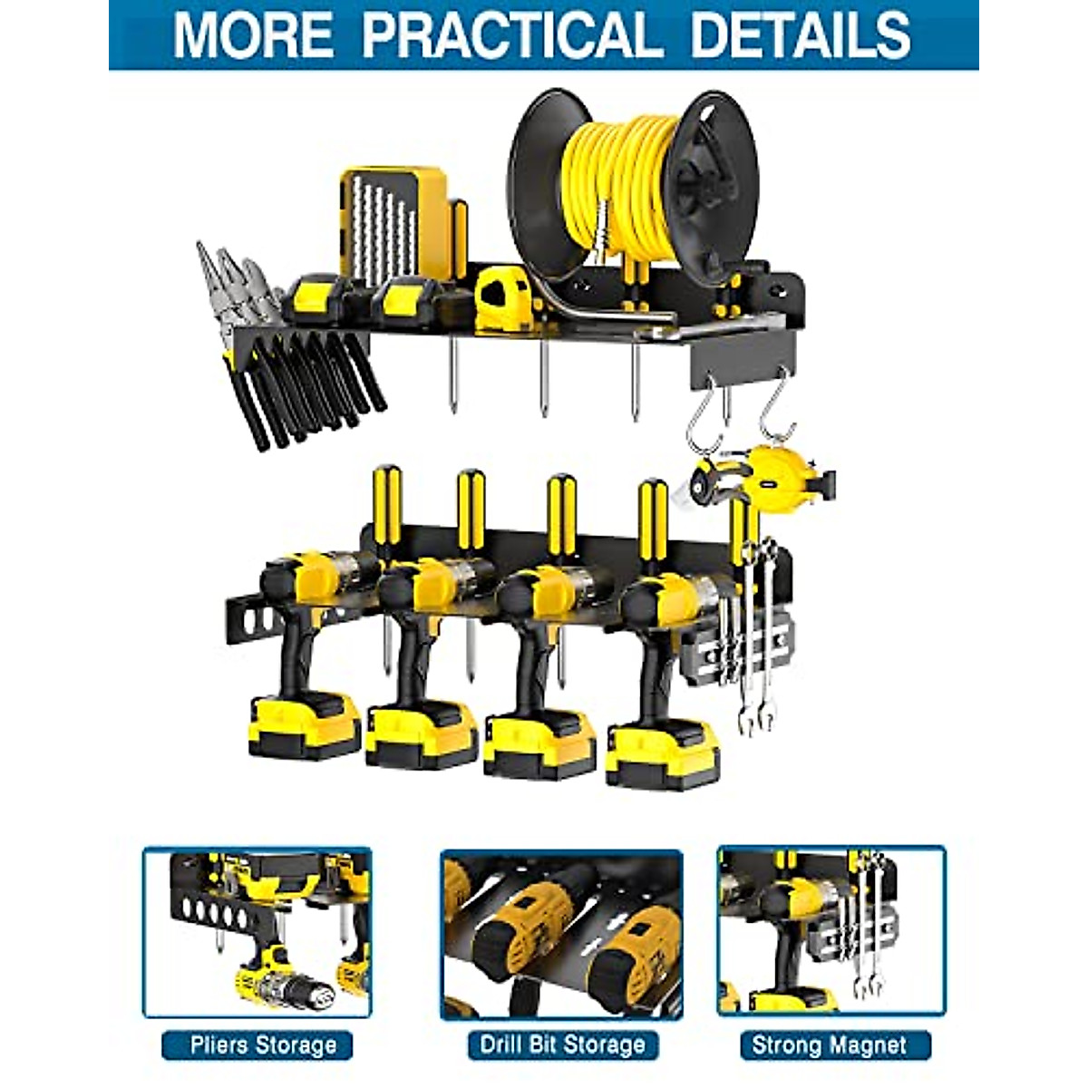 Power Tool Storage Rack, Amoowis Tool Organizer, Metal Shelf Utility Racks, Shelves for Garage Organization and Storage, Pegboard Drill Holder Wall Mount with Magnetic Strip for Screwdriver, Drill Bit