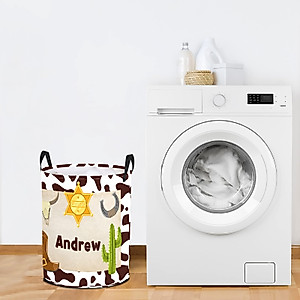 Personalized Laundry Basket Hamper,Cowboy Western Cow,Collapsible Storage Baskets with Handles for Kids Room,Clothes, Nursery Decor