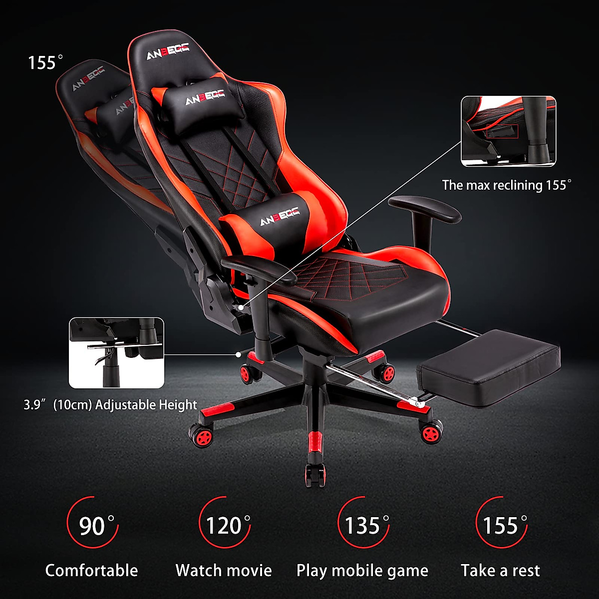 ANBEGE Gaming Chair Retractable Footrest 2D Armrest Office Chair Height Adjustable Leather High Back Ergonomic Headrest Massage Lumbar Cushion Swivel Rocker Recliner Computer Chair (RED)