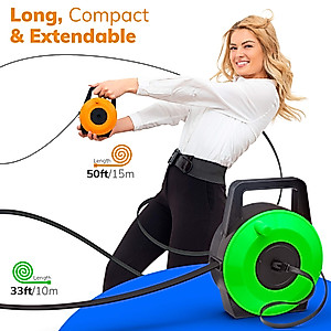 Retractable Network Cable Extender, 50 Ft (15 Meter) CAT 6 Ethernet Cable Flat-Portable 1Gbps Data Speed-Swiftly Setup Temp Networks-Cascadable Male-Female RJ45 Connector-UTP Cable Reel