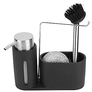 Kitchen Storage Rack with Detergent Dispenser, Steel Wire Ball and Brush Kitchen Sink Tableware Detergent Dispenser Container Dish Cloth Rag Storage Rack Black