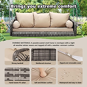 Decomax Wicker Hanging Porch Swing Chair 3-Seats Outdoor Gray Rattan Patio Swing Lounge with Cushions Cupholders Capacity 660lbs for Garden, Balcony, Living Room (Porch Swing with Armrest Pillows)