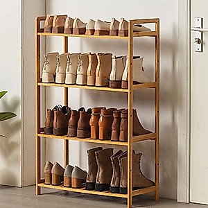 Wooden Shoe Rack 4 Tier | Bamboo and Wood Boot Rack Cowboy Boots Organizer Adjustable Shoes Storage Shelf for Entryway | Living Room | Bedroom | Bathroom | Balcony, Easy Installation, H40 x L28 x W10