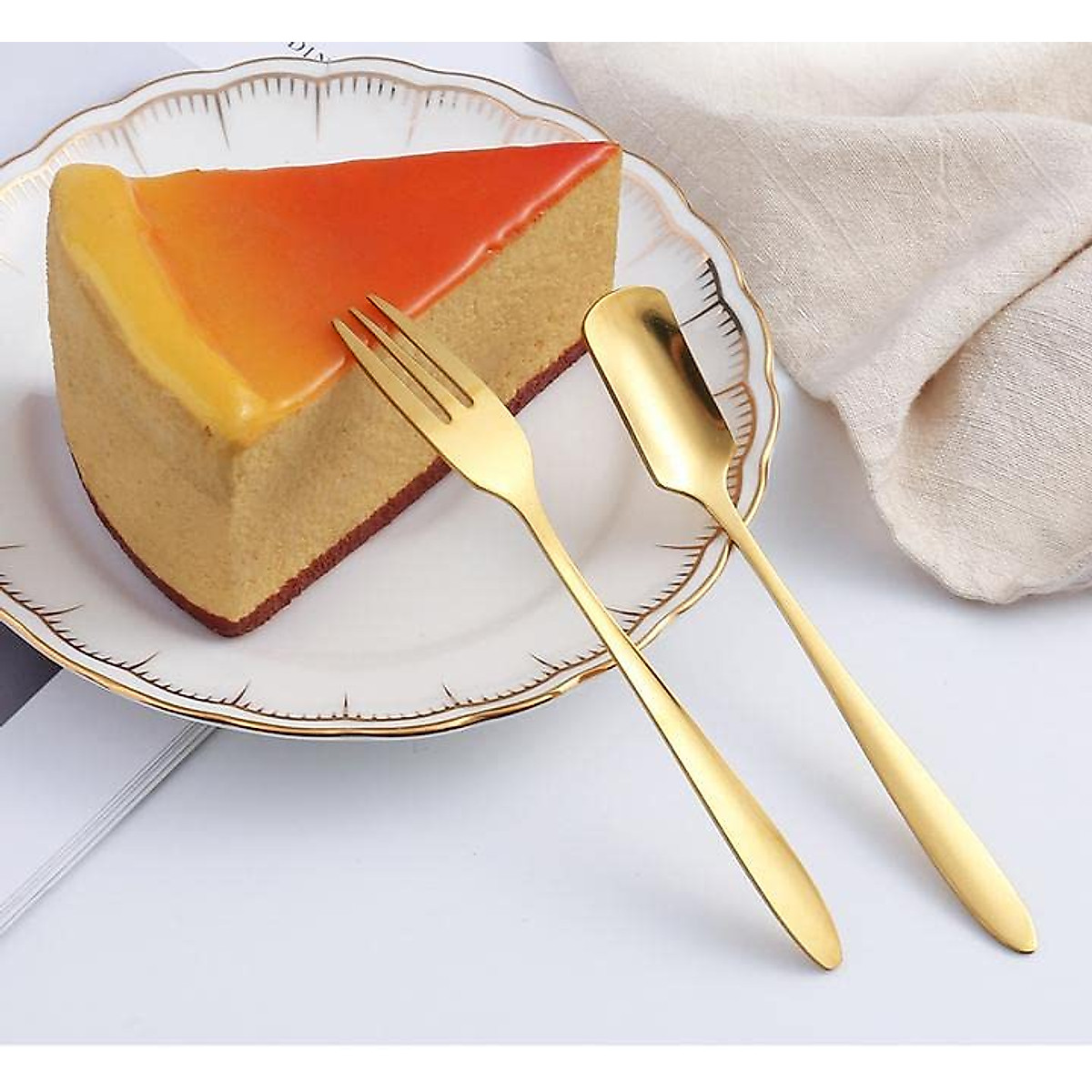 Dessert Forks Spoon Set, Gold 10 Forks & 10 Spoons for Coffee Mini Cake, Salad Fruit Forks Kitchen Food Serving Set