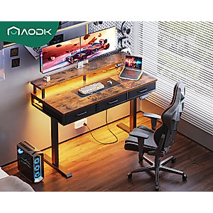 AODK Electric Standing Desk with Drawers, 55 Inch Height Adjustable Gaming Desk with Power Outlets & LED Lights, Sit Stand Table with Monitor Stand for Home, Office, Workstation, Rustic Brown