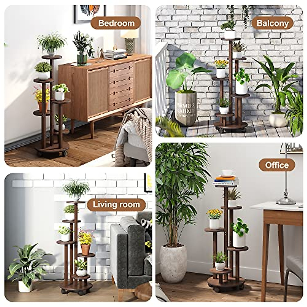 FILWH 5 Tier Plant Stand For Outdoor Indoor Tall Bamboo Movable Flower Stand With Wheels Plant Shelf Pot Holder Plants Corner Display Rack Multiple Planter For Living Room Balcony Garden Patio(Brown)