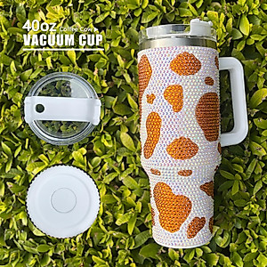 Cupcupmore 40oz Coffee Cow Bling Rhinestone Stainless Steel Sippy Tumbler Glitter Vacuum Insulated Water Bottle with Straw & Lid & Handle,Thermos for Hot & Cold Drinks,Car Cup Holder,Coffee