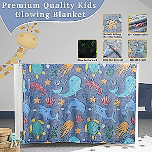 Glow in The Dark Throw Blanket Dolphin Marine Life Luminous Blankets and Throws Blue Colorful Plush Blankets Soft Glowing Throw Gift for Kids Girls Boys Teens Age 1-15 Years Old