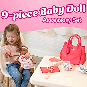 Litti Pritti Baby Doll Accessories Set - 9-Piece Diaper Bag Playset with Baby Doll Diapers, Magic Bottle, Silicone Bib, Wipes, Teether, Changing Pad, and More - Baby Doll Stuff for Ages 3-8 Years