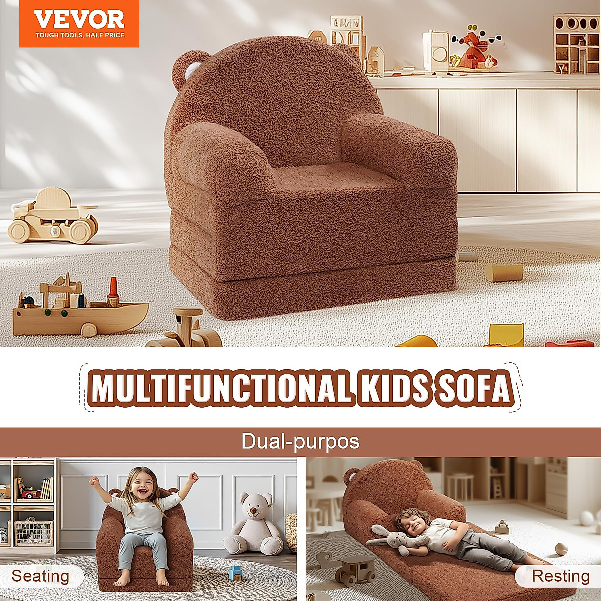 VEVOR Kids Couch, 2-in-1 Toddler Chairs Comfy, Toddler Couch Sofa Bed Fold Out, Convertible Sofa to Lounger, Kids Chair Seat Playroom Furniture for Kids Girls & Boys, Brown