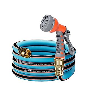 Kitys Fatch Upgraded Kink Free Hybrid Garden Hose 10ft 5/8", Thickened Heavy Duty Water Hose with Brass Solid Connector，Lightweight Flexible Tough Rubber Hose with Nozzle,Durable Yard Outdoor Hose