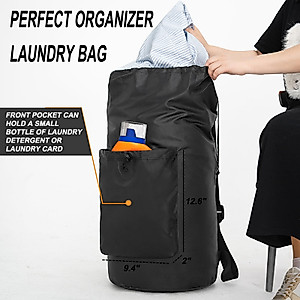 Laundry Bag Backpack, Sturdy 600D Oxford Laundry Bag Travel with Adjustable Shoulder Straps and Pocket Large Laundry Hamper Dirty Clothes Bag for College Students (Black)