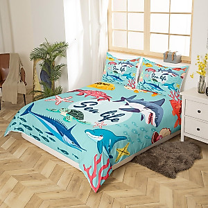 Sea Turtle Comforter Cover Set Twin Size Ocean Fish Marine Life Duvet Cover Under Sea Life Bedding Set for Kids Child,Underwater World Coastal Creature Quilt Cover,Nautical Sea Animal Bedroom Decor
