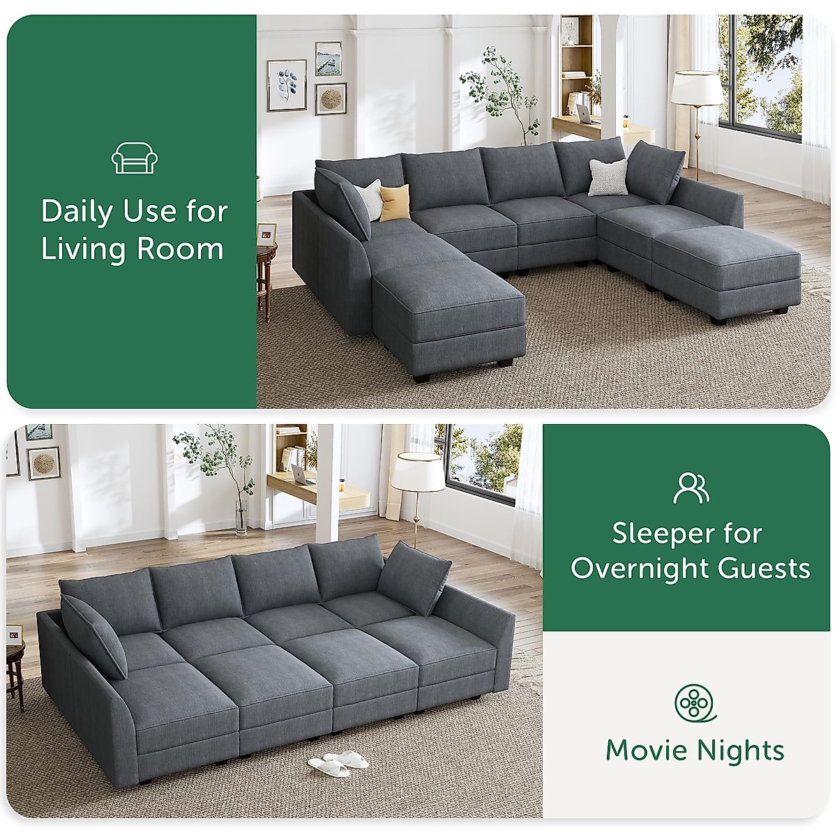 HONBAY Modular Sectional Couch U Shaped Sectional Sofa with Reversible Chaise Modular Sofa Couch with Storage Seat, Bluish Grey