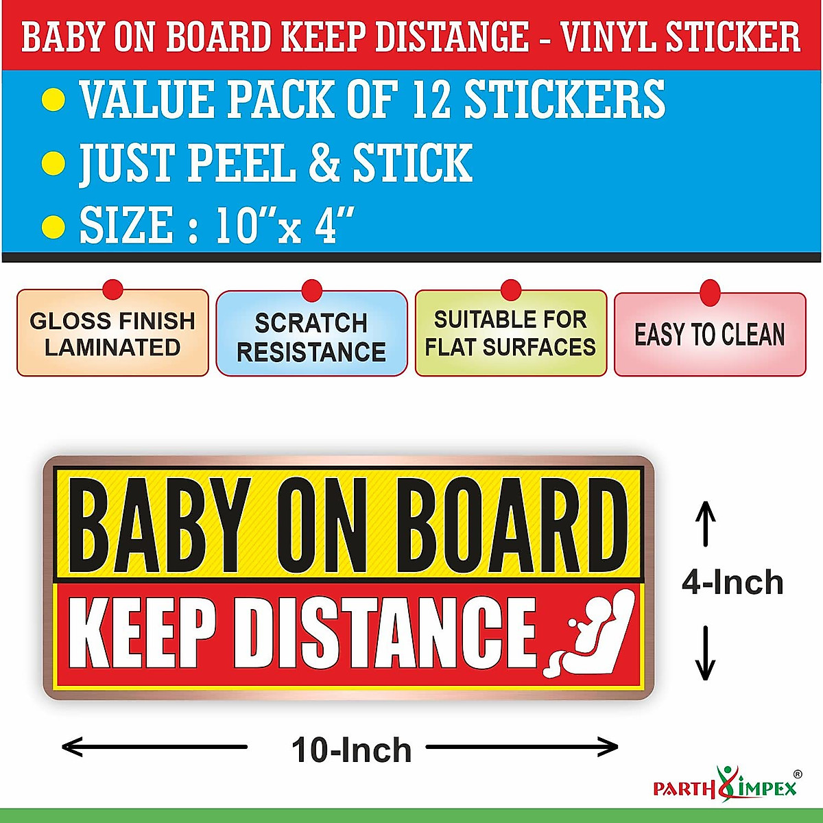 Baby on Board Sticker - (Pack of 12) 4" x 10" Large Keep Distance Warning Sign Car Safety Bumper Decal for Vehicle