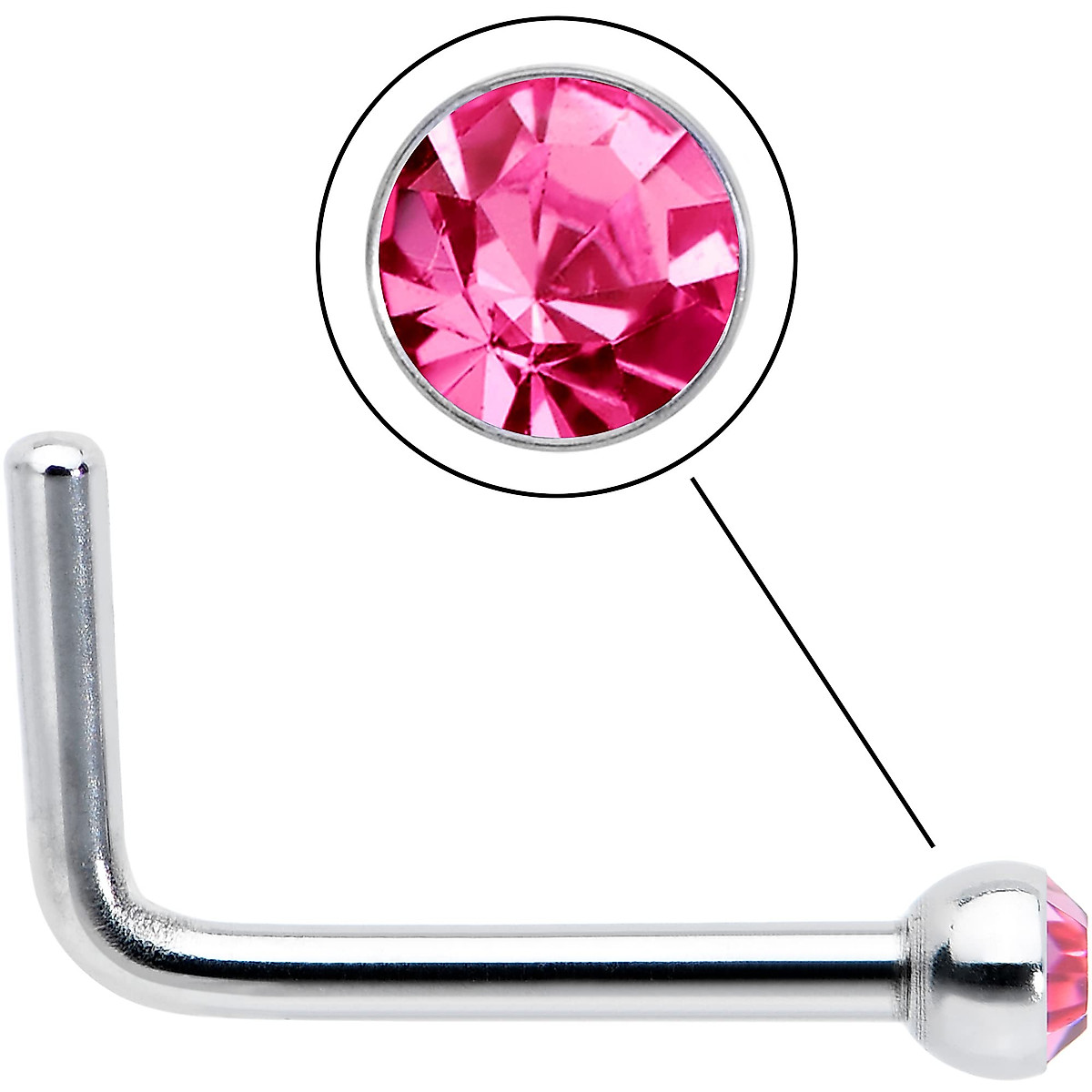 Body Candy Stainless Steel 1.57mm Pink Accent Micro L Shape Nose Stud Ring 20 Gauge