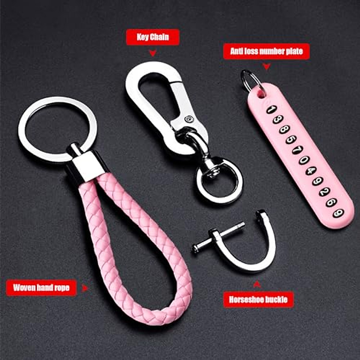 Hawyet 1 PC Car Keychain, Anti-lost Number Card Braided Rope Organizer with Horseshoe Buckle, Universal for Most Cars (Pink)