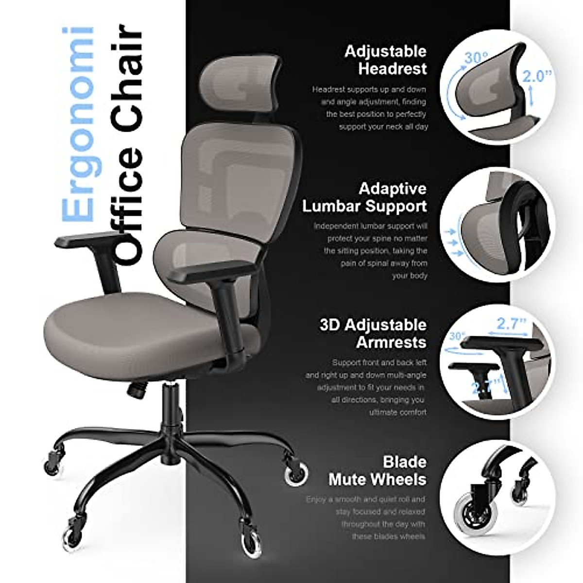 Ergonomic Office Chair - Mesh Office Chair High Back, Rolling Desk Chair, Executive Swivel Chair, Computer Chair with 3D Adjustable Armrest Headrest, 3D Lumbar Support, Blade Wheels