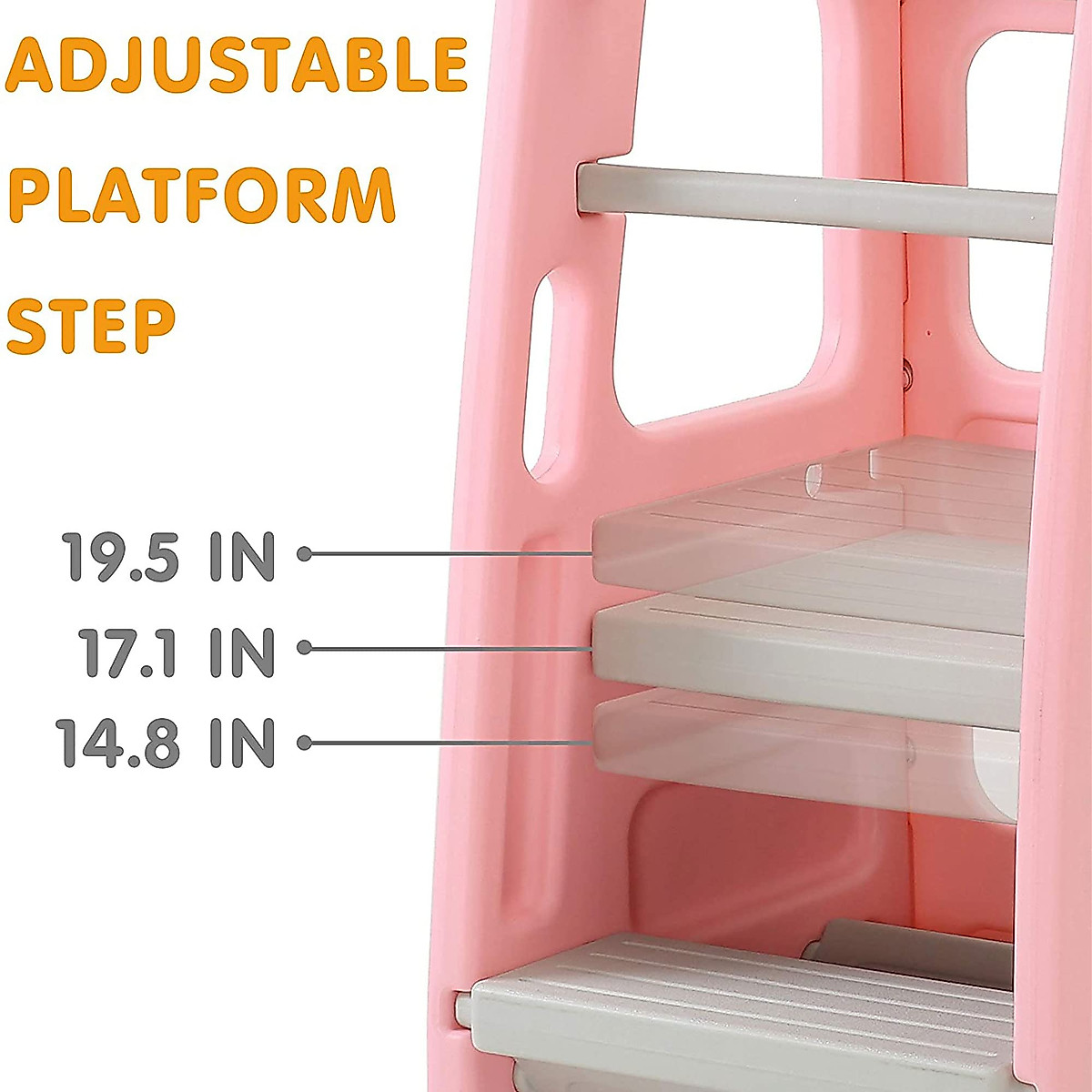 SDADI PLT01PK Children's Plastic Learning Step Stool with 3 Adjustable Heights, 150 Pound Capacity, Built-in Storage, and Non-Skid Rubber Feet, Pink