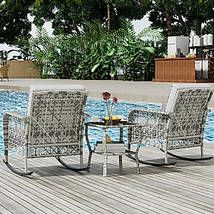 BALDPER 6-Piece Gray Wicker Patio Rocking Chairs Set, Rocking Wicker Bistro Set, Outdoor Furniture Conversation Set with Porch Chairs and Glass Coffee Table, Cloudy Grey