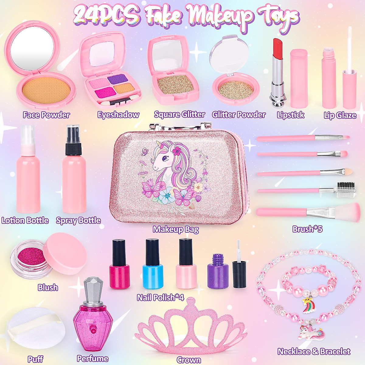 Pretend Makeup for Toddlers, Kids Pretend Makeup Kit for Girls Fake Makeup Toys with Cosmetic Bag, Play Makeup for Little Girls Age 3 4 5 6 7 Christmas Birthday Gifts Toys (Fake Makeup)