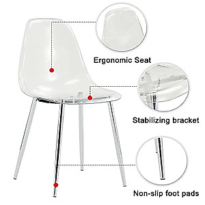Yoluckea Crystal Clear Dining Chairs Set of 4, Modern Plastic Shell Kitchen Chairs Accent Ghost Chairs with Metal Legs for Kitchen, Dining, Living, Guest, Bed Room (Silver Frame)