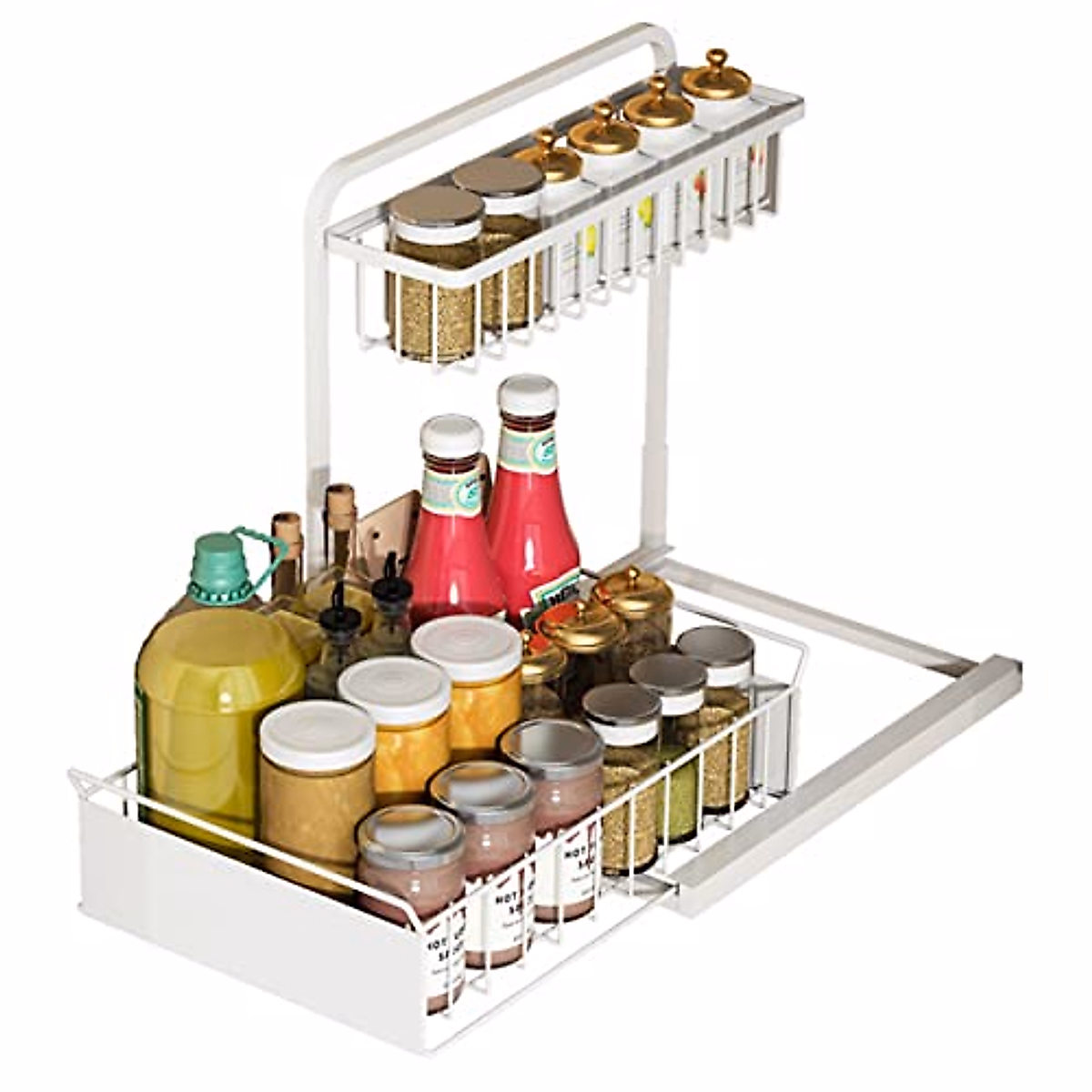 WOGQX 2 Tier Pull Out Spice Rack Cabinet Organizer Under Sink Sliding Storage Drawer, Kitchen Countertop Storage Basket,White