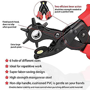 Leather Hole Punch Tool Set, Belt Hole Puncher Kit, Professional Puncher for Belt, Saddle, Dog Collars, Watch Strap, Shoe, Fabric, Paper, Craft Projects, Easily Punches Perfect Round Holes