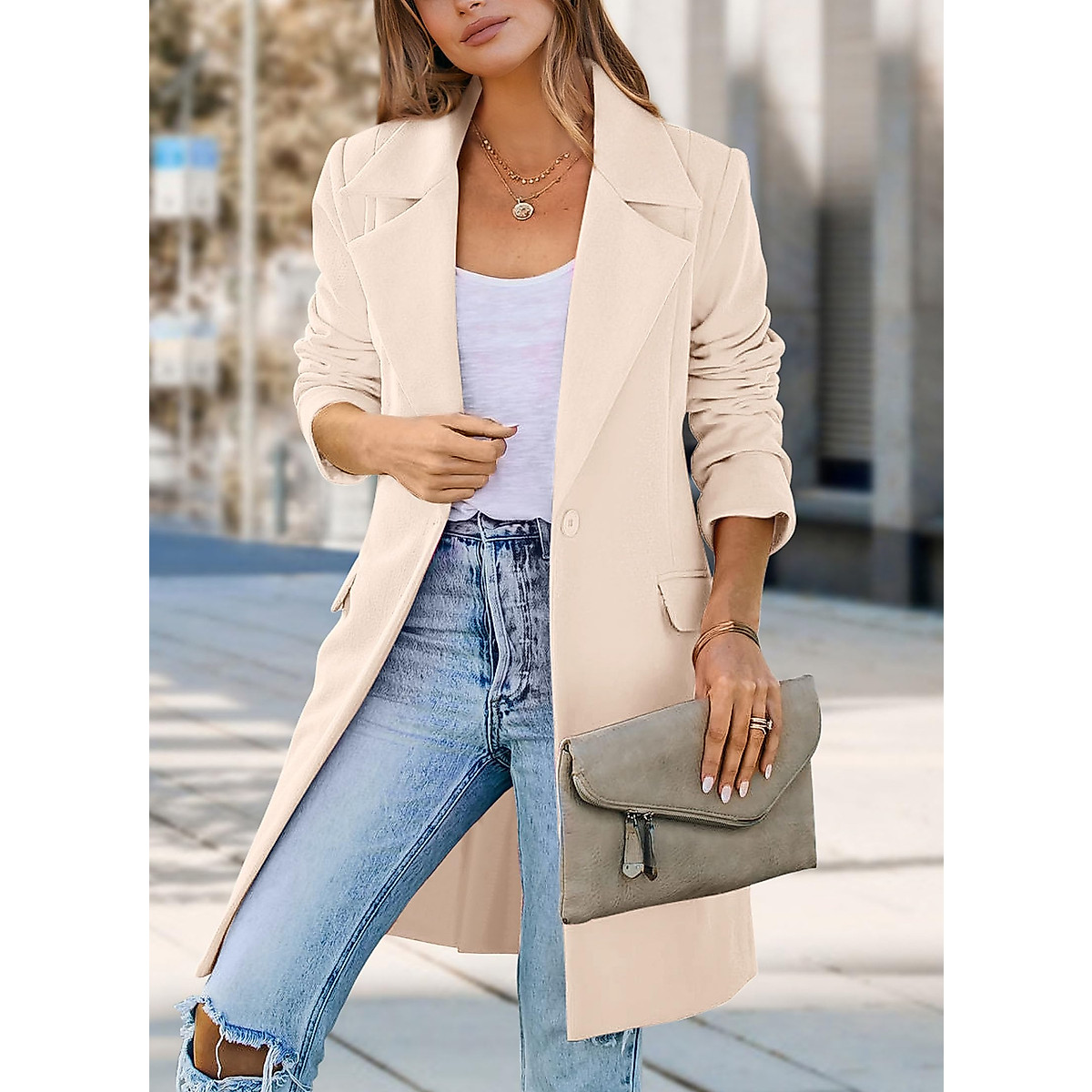 PRETTYGARDEN Women's 2024 Fall Long Blazer Jackets Long Sleeve Lapel Pockets Loose Fit Work Casual Blazers Outerwear (Beige,Small)