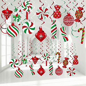 Funrous Christmas Peppermint Candy Hanging Decorations Christmas Candies Ceiling Hanging Swirls Xmas Party Ceiling Whirl Streamers for Home Winter Holiday Christmas Party (Red White Green)