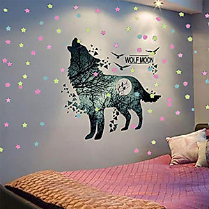 AMODA Funny Dinosaur Wall Decals Removable Boys Nursery Room Wall Art Murals Stickers Creative Dinosaur Story Kids Room Decor-23.6 x 35.4Inch (Dinosaur Story) (Moon Wolf)