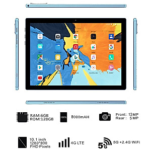 BNHGK 10.1 inch Tablet 6GB RAM +128GB ROM, Android Tablet with Keyboard Octa-Core/Dual Sim Card Slot/13MP Camera/Battery 8000mah/ GPS, Google Certified Tablet PC (Wi-Fi)