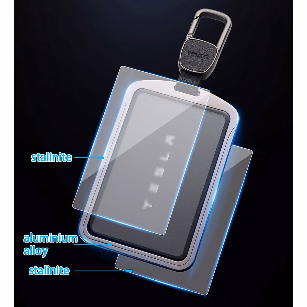 Kwak's Card Holder Compatible for TESLA Model 3 for BMW 2021 New 3 Series/X7 Aluminum Alloy Key Cover Tempered Glass Cover All-inclusive Card Protection (Light Blue, Buckle)