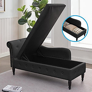 Mjkone Accent Chaise Lounge Chair with Lift Up Storage Design, Upholstered Rolled Arm Lounge Chair with Nailhead Trim, Button Tufted Chaise with Free Cushion for Living Room, Dark Grey