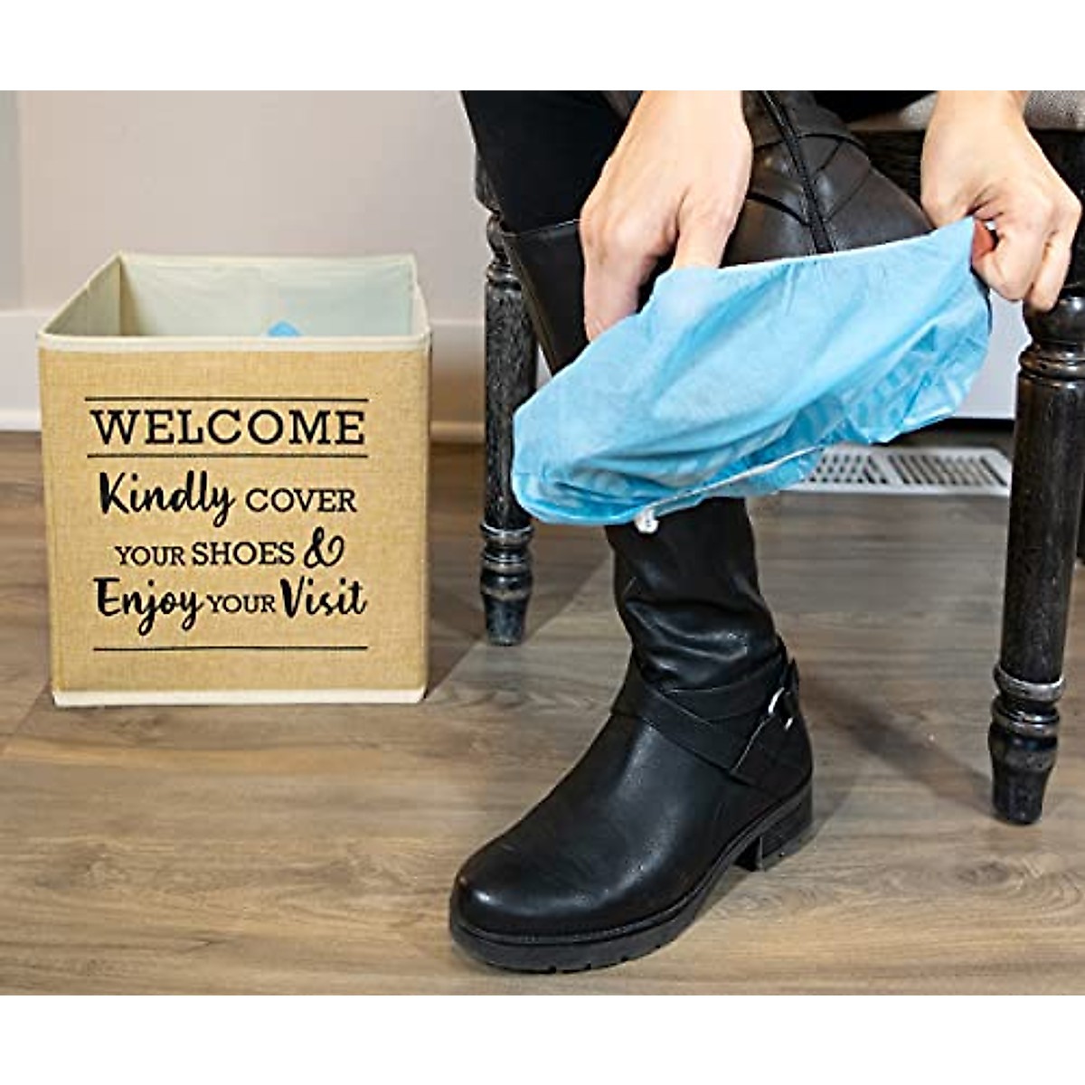 Premium Linen Look Foldable Shoe Cover Bin, Indoor Real Estate Bootie Box, Open House Supply with 10 Pack Shoe Covers and a Please Use Shoe Covers, Double Sided, Door Hanger (Linen Bin with 10 Pack Shoe Covers)