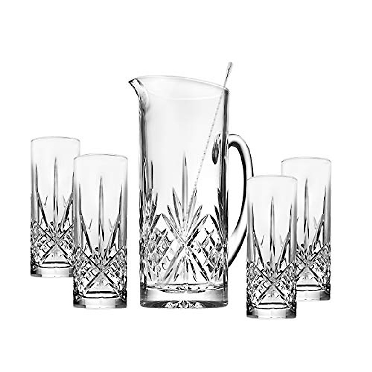 Godinger Barware Beverage Set - Mixing Pitcher Carafe, Stirrer and 4 Collins Tall Drinking Glasses - Dublin Collection