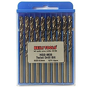 BEILI TOOLS HSS M35 Cobalt Twist Drill Bits, Pack of 10 (6.5mm, 1/4")