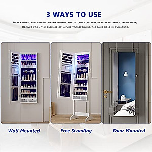 Gurexl 2-in-1 Jewelry Armoire with 8 LEDs,Door/Wall Mounted/Free Standing Jewelry Cabinet with Adjustable Acrylic Storage Shelf,Lockable Jewelry Organizer with Full Length Mirror for Bedroom