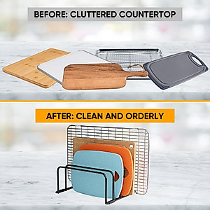 Cutting Board Organizer Rack- Metal Black Holder Stand for Cutting Boards, Baking Sheets, Cookie Pans, Cooling Small Racks Storage Stand and Bakeware for Kitchen Cabinet Countertop Bakeware Organizer