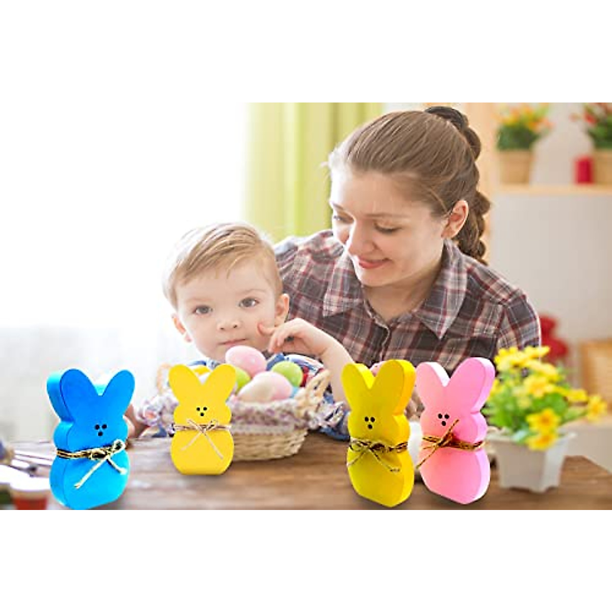 Easter Bunny Decor, 3 Pcs Easter Decorations for the Home, Decorative Wooden Easter Rabbit Peeps Wooden Signs for Tiered Tray