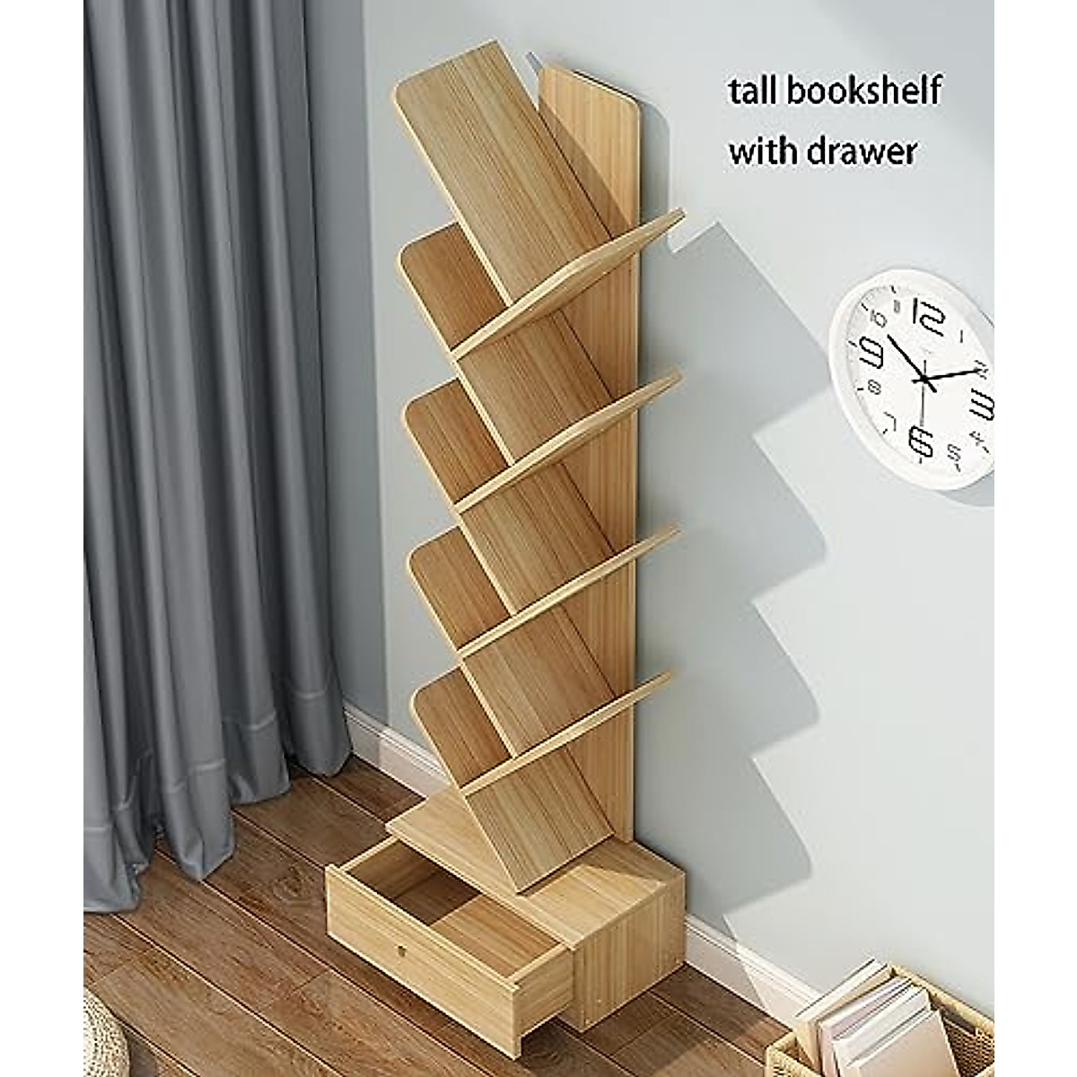 VERAMY 9 Tier Tall Bookshelf Tree Bookshelf with Drawer Corner Bookshelf Floor Standing Bookcase Large Capacity Bookshelf Utility Organizer Shelves for Living Room Bedroom