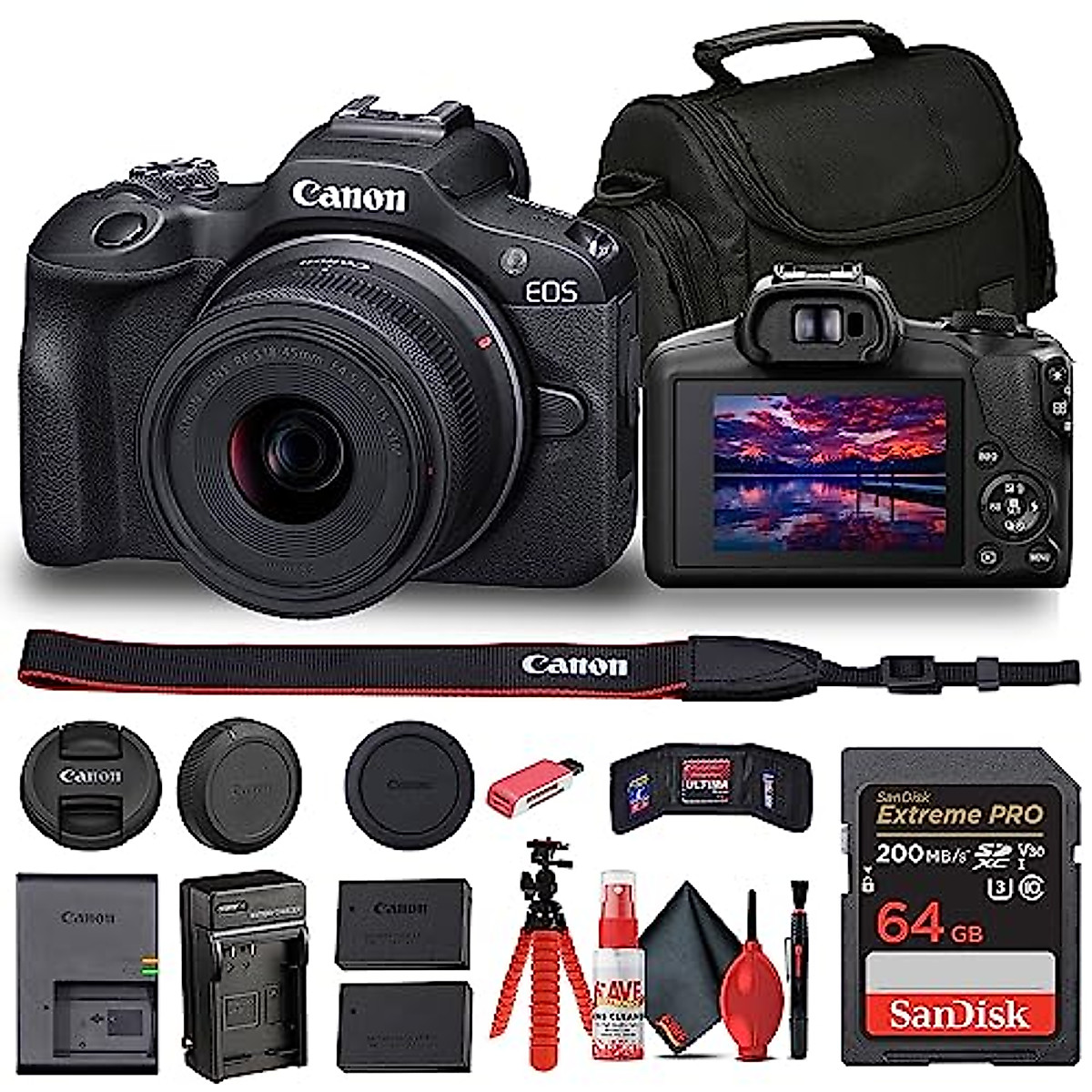 Canon EOS R100 Mirrorless Camera with 18-45mm Lens (6052C012) + Bag + 64GB Card + LPE17 Battery + Charger + Card Reader + Flex Tripod + Cleaning Kit + Memory Wallet (Renewed)