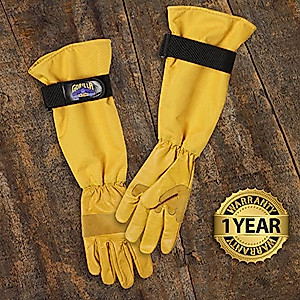 GORILLA EASY CONNECT Gardening Gloves Lightweight Tough Heavy Duty Long Sleeve Leather Pruning Gloves with Adjustable Strap - Yellow