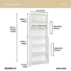 ClosetMaid Bookshelf with 6 Shelf Tiers, Adjustable Shelves, Tall Bookcase Hutch, Sturdy Wood With Closed Back Panel, White Finish