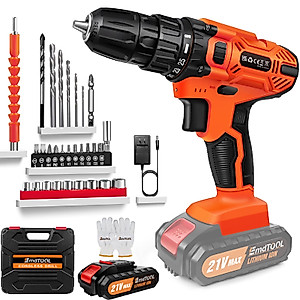 21V Cordless Drill, Electric Power Drill Set with Battery & Charger, 3/8” Keyless Chuck, 2 Variable Speeds, 398 In-lb Torque and 25+1 Position and 29pcs Drill/Driver Bits & LED Electric Drill Set