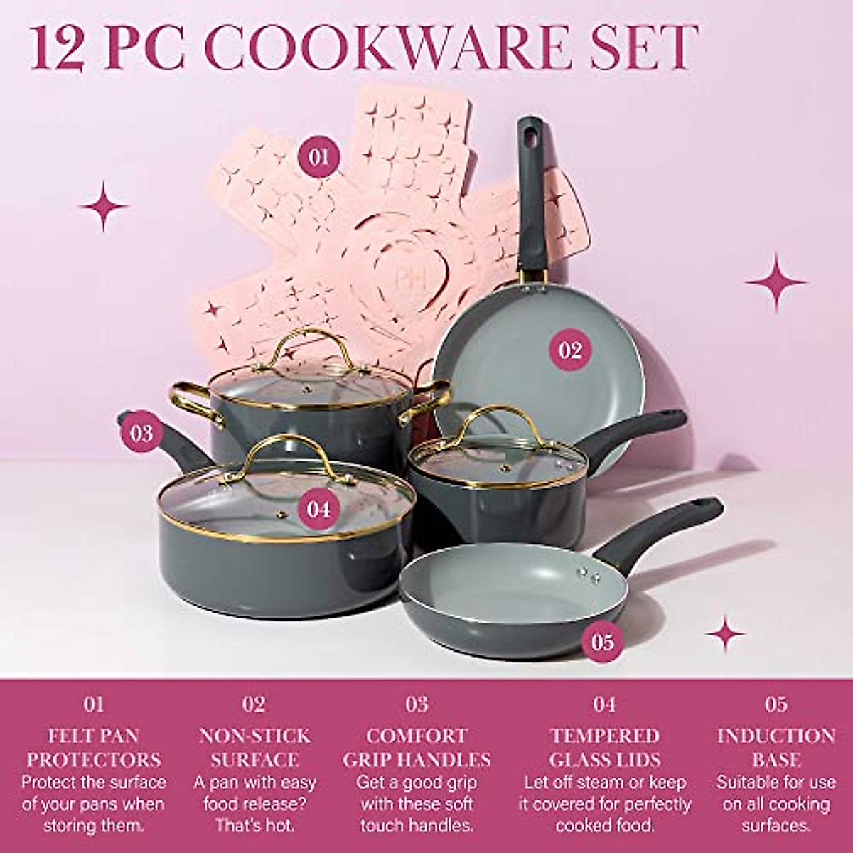 Paris Hilton Epic Nonstick Pots and Pans Set, Multi-layer Nonstick Coating, Tempered Glass Lids, Soft Touch, Stay Cool Handles, Made without PFOA, Dishwasher Safe Cookware Set, 12-Piece, Charcoal Gray