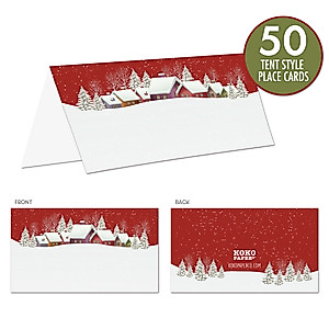 Christmas Place Cards with Vintage Snowy Christmas Village and Pine Trees. Pack of 50 Tent Style Cards for Holiday Dinner, Brunch, Party, or Any Occasion. No Holder Necessary.