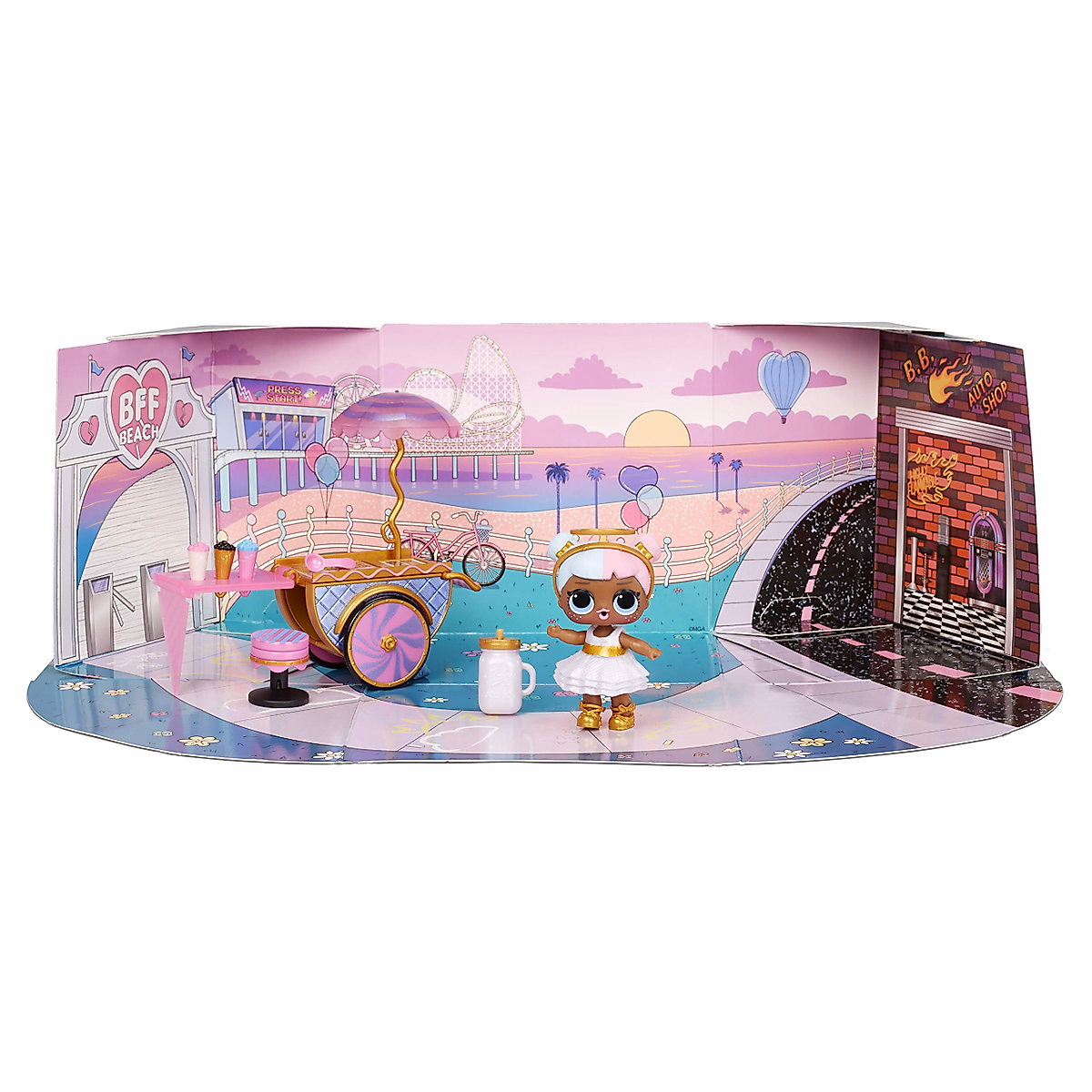 L.O.L. Surprise! LOL Surprise Furniture Sweet Boardwalk with Sugar Doll and 10+ Surprises, Doll Candy Cart Furniture Set, Accessories