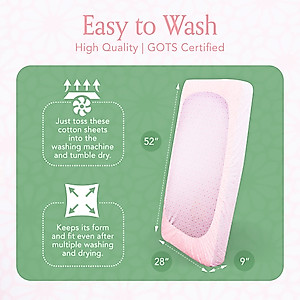 World Kind Brand - Floral Baby and Toddler Bed Sheets, Soft and Breathable Baby Sheets, Pure Cotton-Made Baby Girl Crib Sheets, Pink and White Crib Sheet with Elastic, 52 x 28 x 9 inches