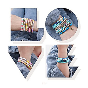 16Pcs Preppy Beaded Bracelets Set for Women Teen Girls,Colorful Heishi Clay Bead Bracelets Stackable Stretch Bracelet Gold Beaded Evil Eye Pearl Shell Summer Beach Surfer Boho Bracelets Aesthetic Y2K